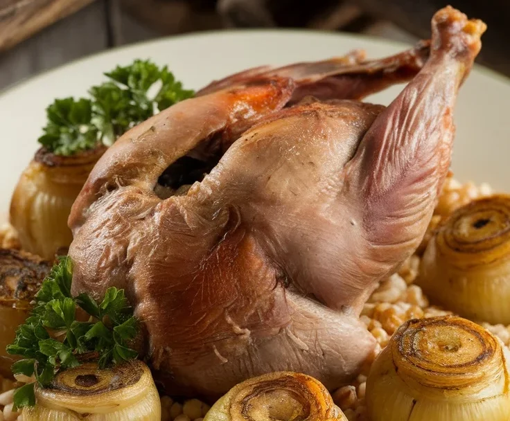 Pheasant Recipe with Pearl Barley and Stuffed Onions - UK Cooking Recipes